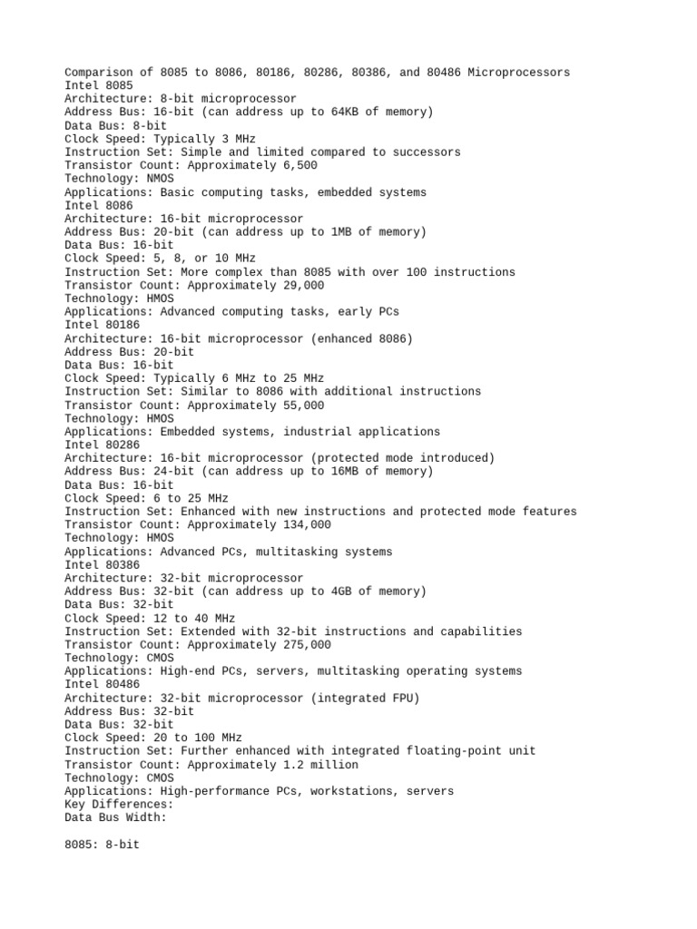 Comparison of 8085 To 8086, 80186 | PDF | Microprocessor | Computer ...