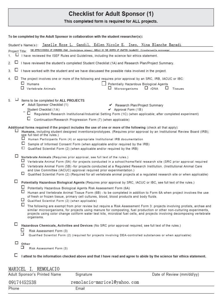 Checklist For Adult Sponsor (1) : Janelle Rose L - Gandil, Edlen Nicole ...