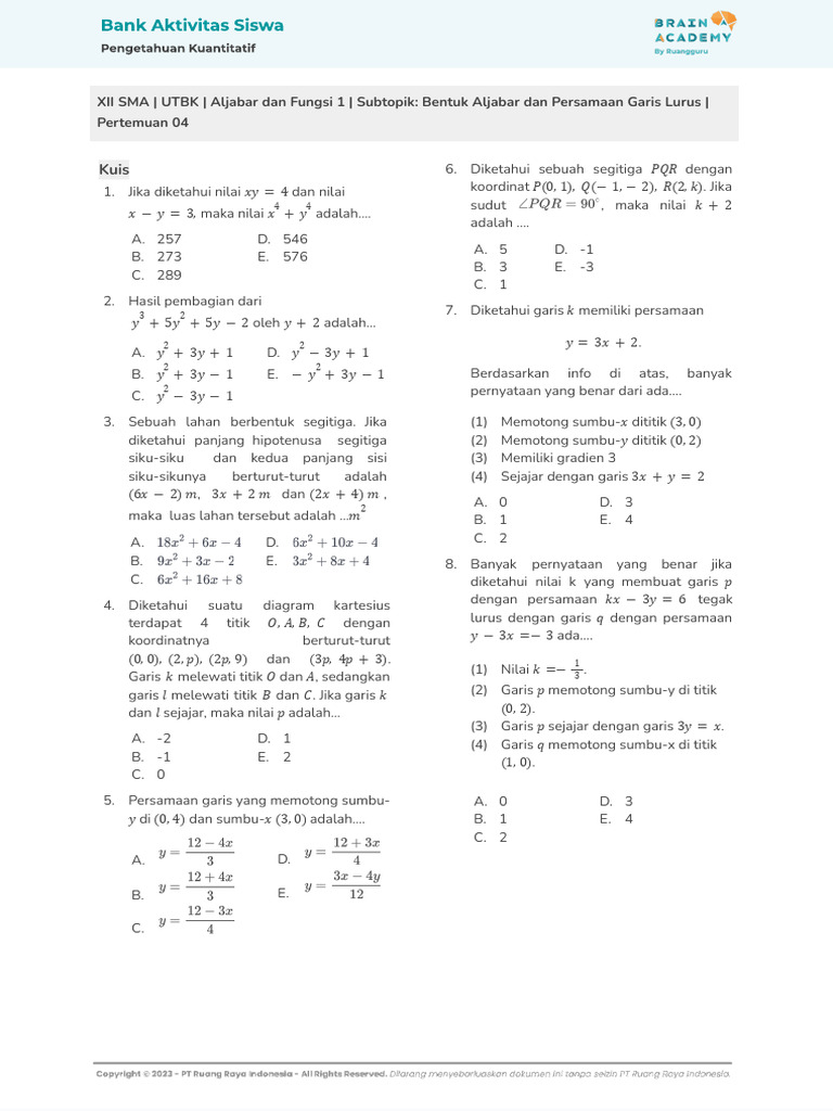 UTBK-Pengetahuan Kuantitatif - Ngulik Soal Aljabar Dan Fungsi - Bank Aktivitas Aljabar Dan ...