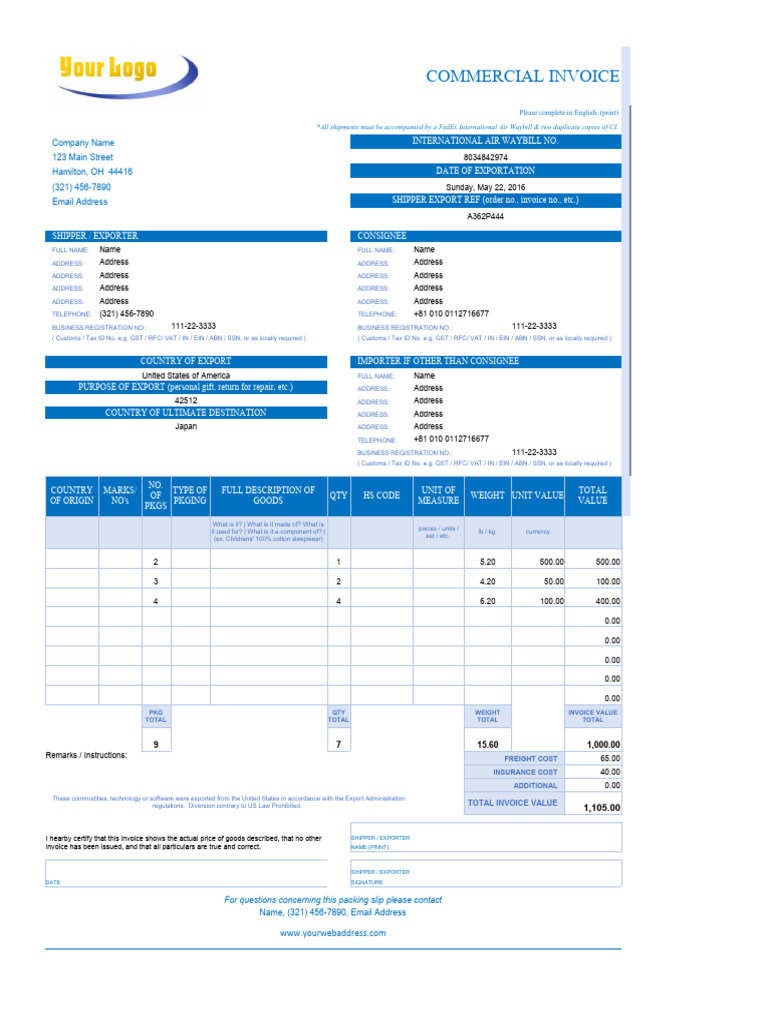 Commercial Invoice Template for Shipping | PDF | Value Added Tax | Customs