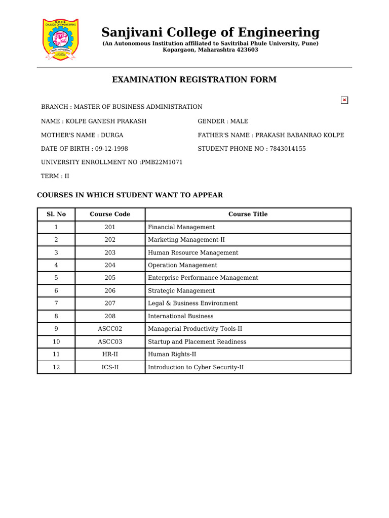 MBA Examination Registration Form | PDF | Business