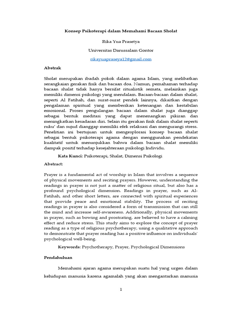 Konsep Psikoterapi Dalam Memahami Bacaan Sholat (Jurnal OSF) | PDF