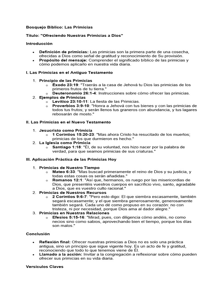 Bosquejo Bíblico Primicias | PDF | Creencia religiosa y doctrina