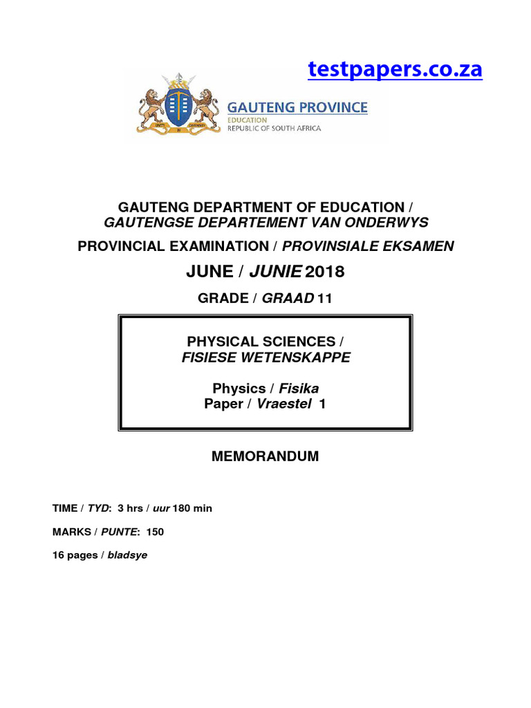 Gr11 Phy P1 (Bilingual) June 2018 Possible Answers | PDF | Mechanical Engineering | Mass