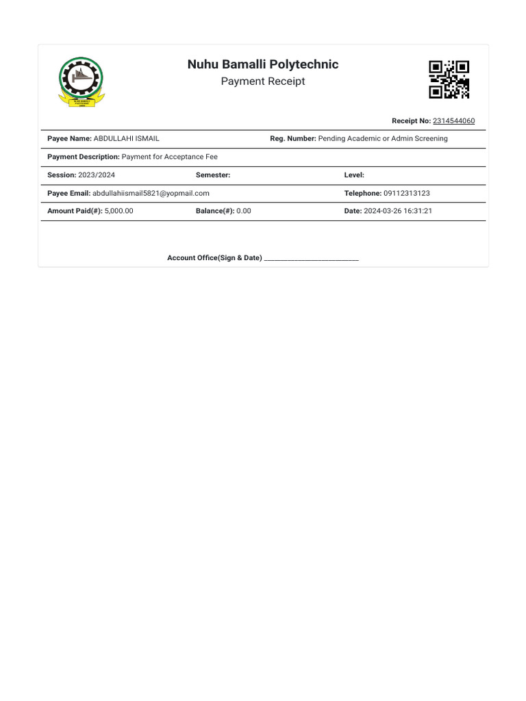 Nuhu Bamalli Poly Acceptance Fee Receipt | PDF