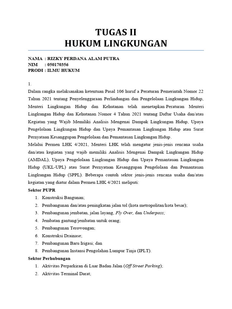 Rizky Perdana Alam Putra - 050170356 - TUGAS II Hukum Lingkungan | PDF