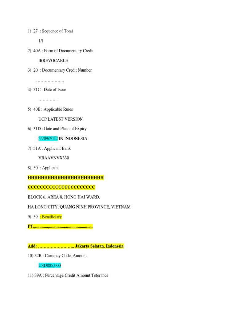 AUI-HQ - DRAFT LC-Final Issue - 01082022-AMELIA | Download Free PDF | Invoice | Cargo