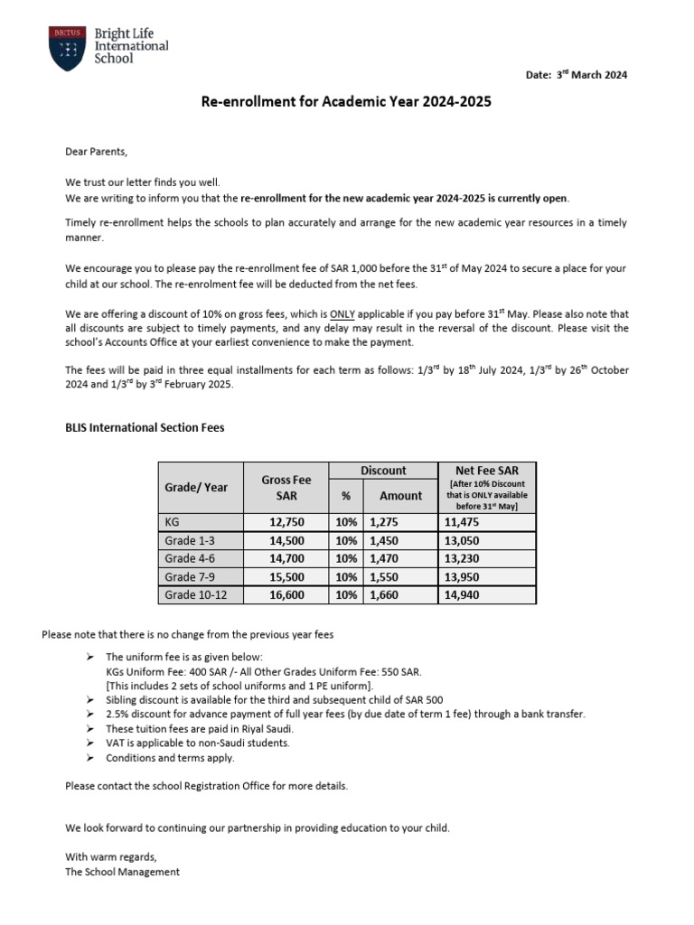 BLIS Re-Enrollment Letter 2024-25 - The American Curriculum | PDF