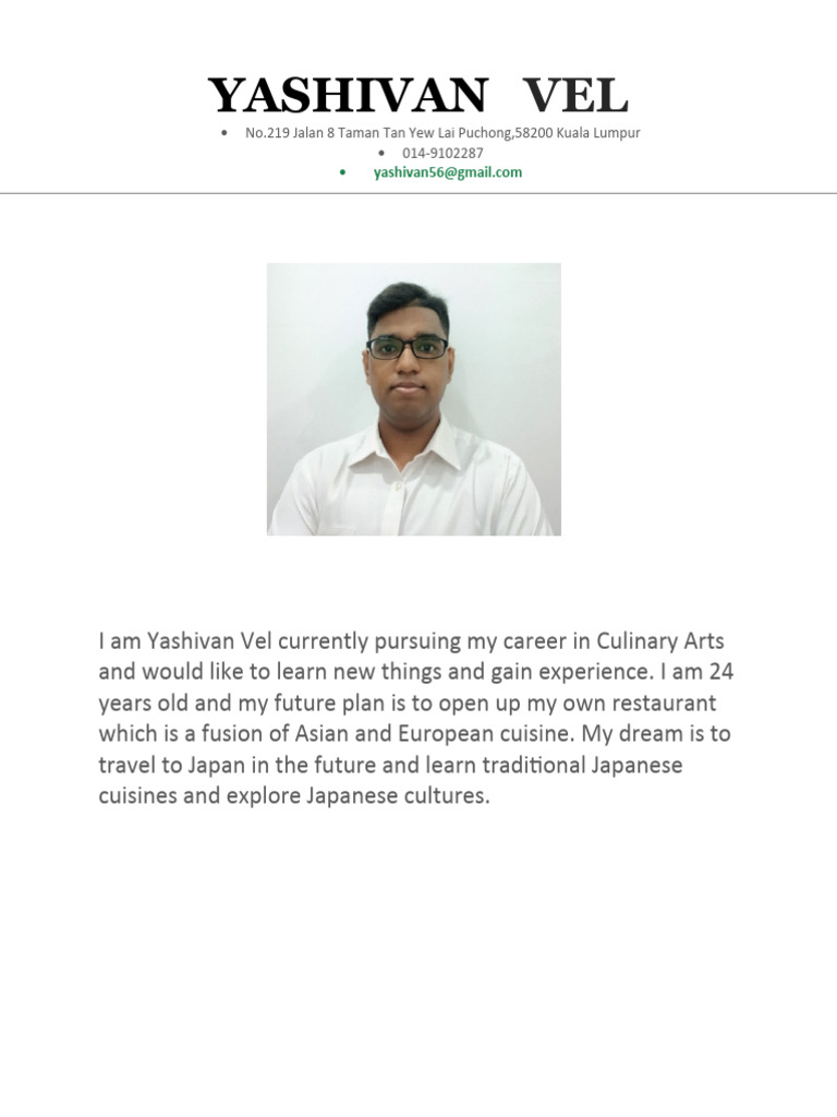 Yashivan Vel Resume 2024 | PDF | Chef | European Cuisine