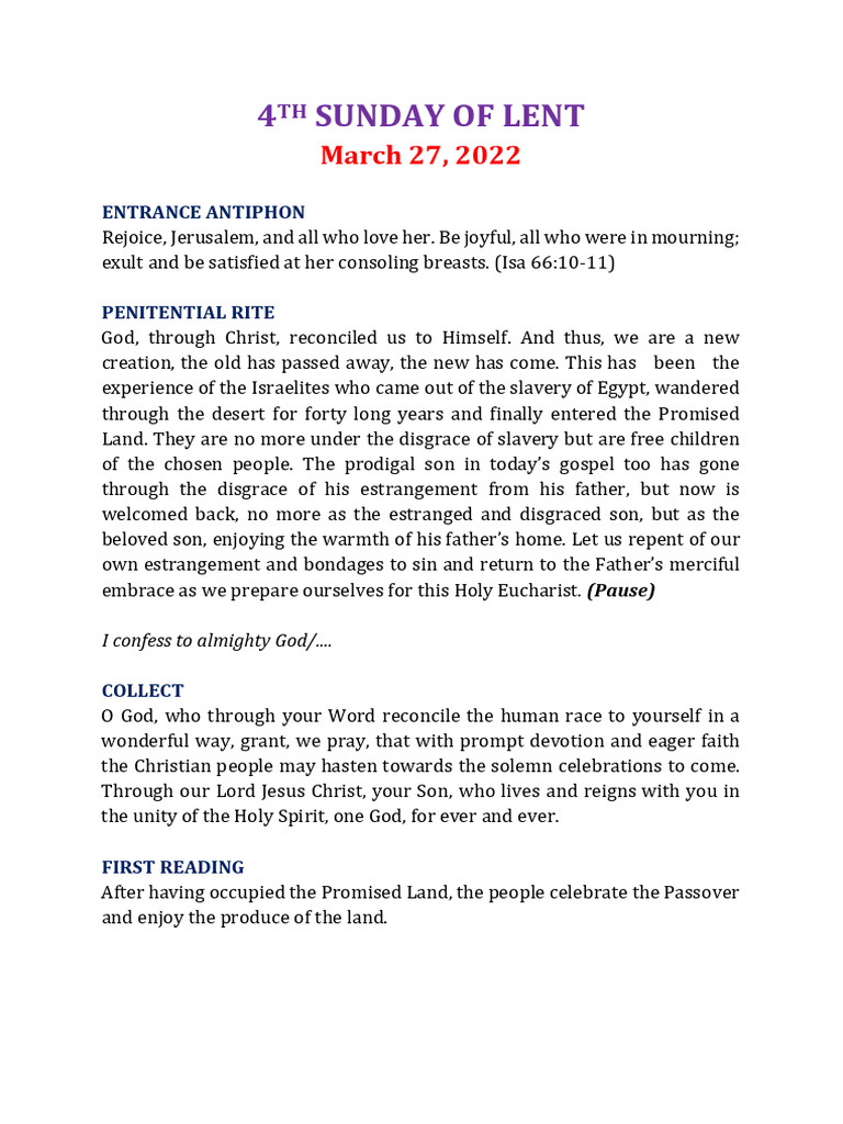4th Sunday of Lent English Liturgy | PDF | Jesus | Prayer