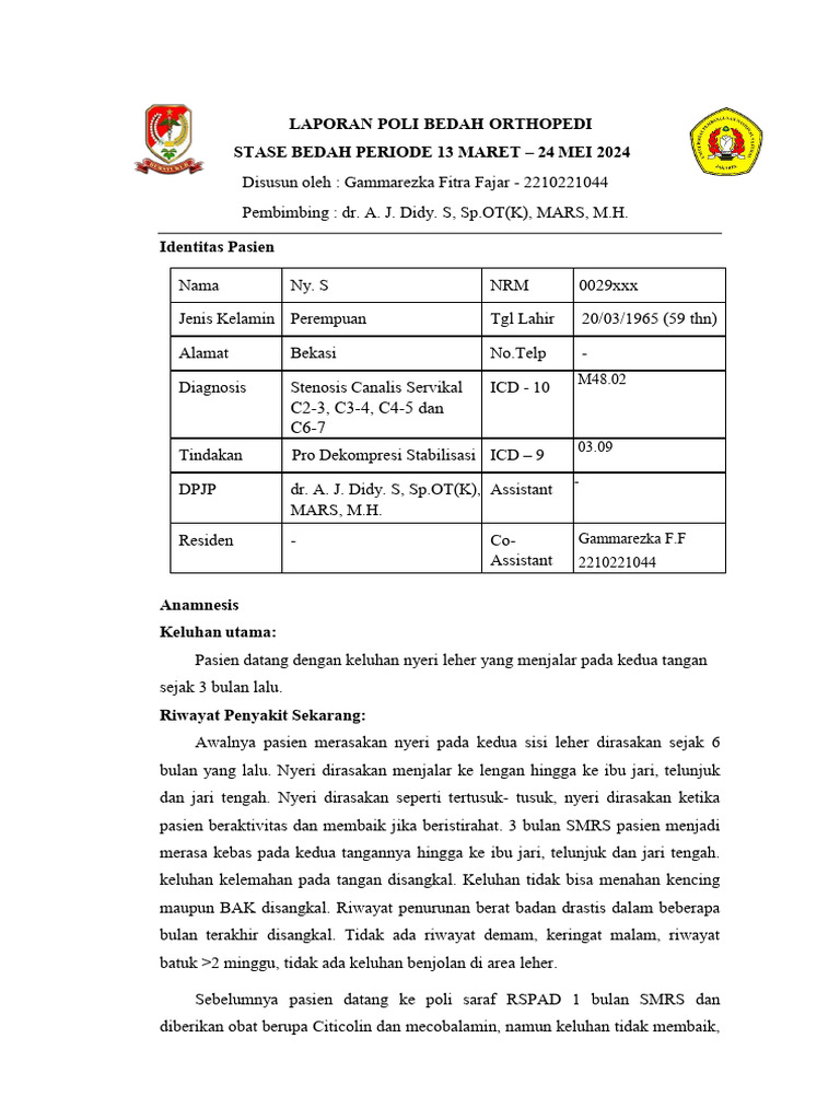 Laporan Kasus Poli Orthopedi - Gammarezka - 2210221044 | PDF