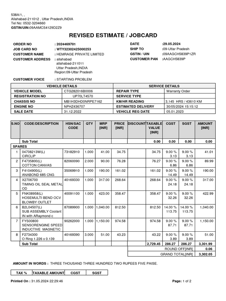 Revised Estimate / Jobcard | PDF | Vehicles