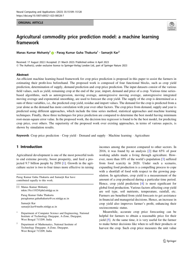 Machine Learning for Crop Price Prediction | PDF | Forecasting ...