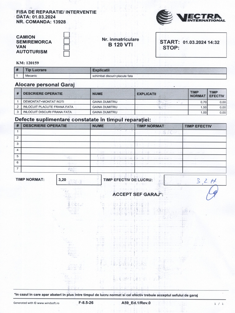 Fisa de Reparatie-Interventie B-120-VTI Din 01.03.2024 Pag. 1 | PDF