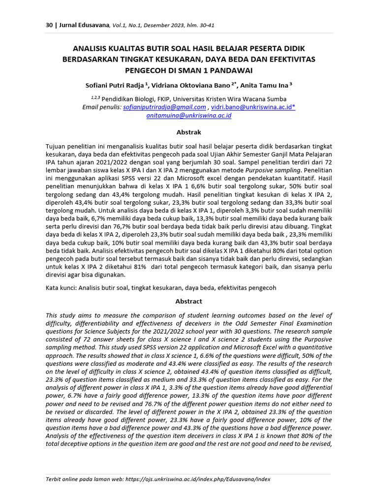 Analisis Kualitas Butir Soal Hasil Belajar Peserta Didik Berdasarkan Tingkat Kesukaran, Daya ...