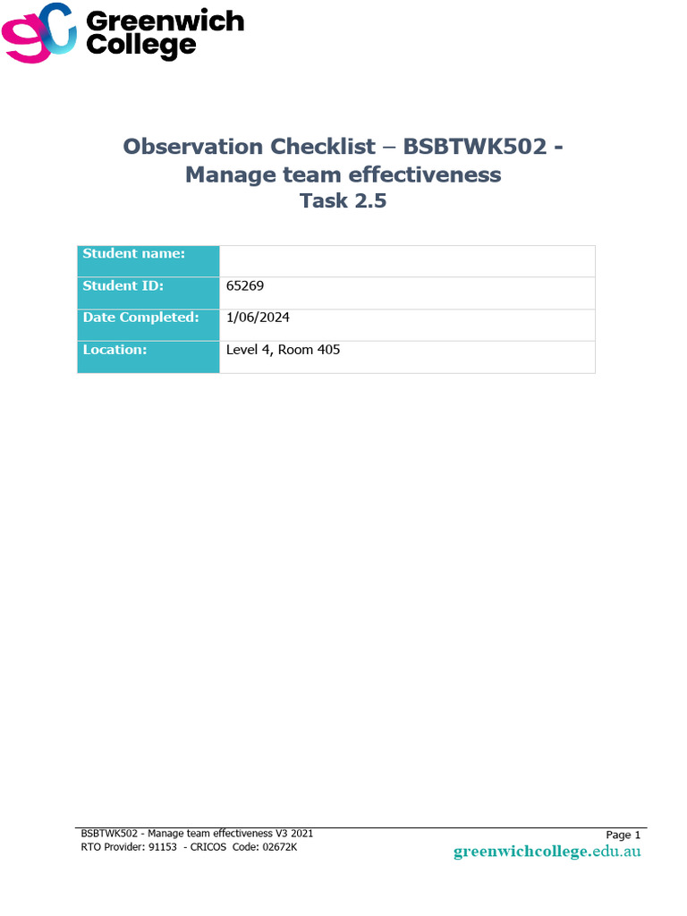 BSBTWK502 - Observation Checklist Task 2.5 - Student Name V1 | PDF | Communication | Brainstorming