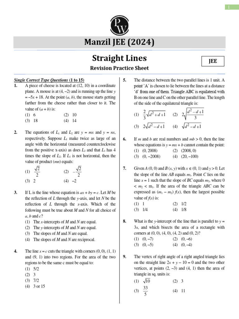 Straight Lines - Practice Sheet | Download Free PDF | Triangle | Classical Geometry
