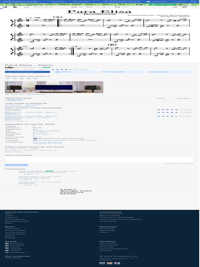 Para Elisa - Piano Sheet Music For Piano (Solo) Easy | PDF | Musical ...