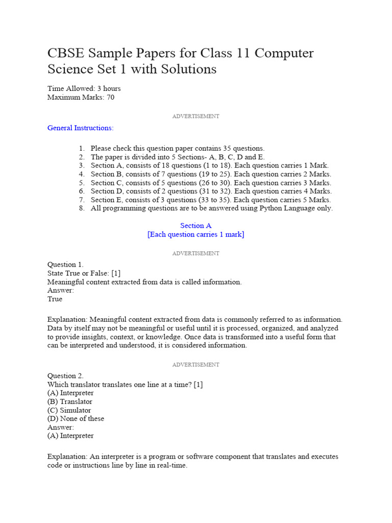 CBSE Sample Papers For Class 11 Computer Science Set 1 With Solutions ...