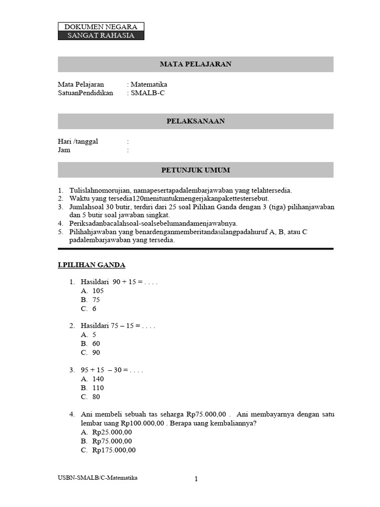4a. SOAL MATEMATIKA SMALB-C | PDF