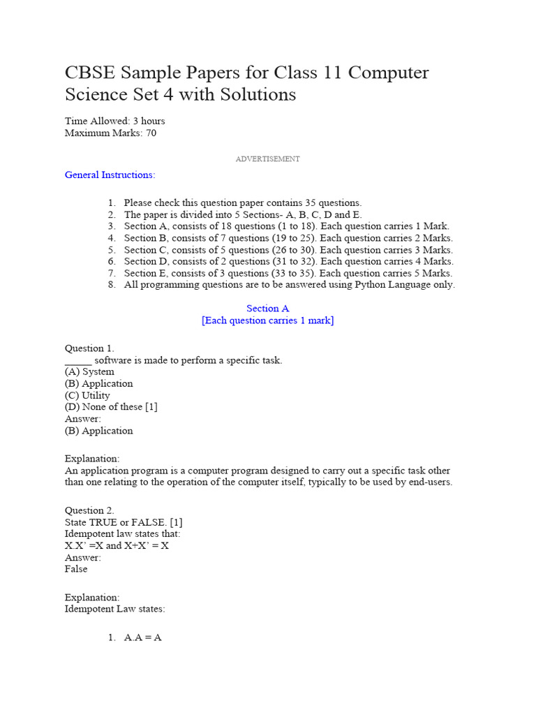 CBSE Sample Papers For Class 11 Computer Science Set 4 With Solutions | PDF | Identity Theft ...