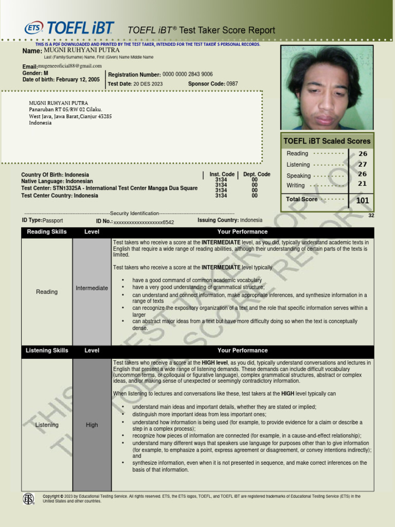 TOEFL iBT Score Report Example | PDF | Test Of English As A Foreign ...