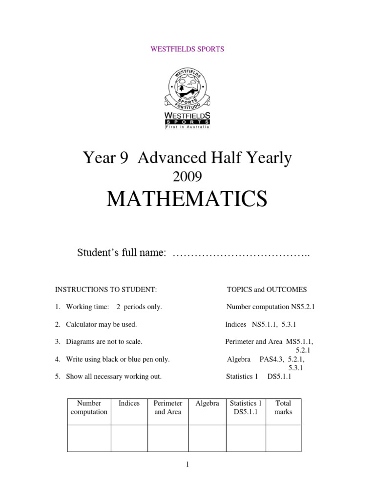 2009 Year 9 Advanced Half Yearly Exam | PDF | Area | Numbers