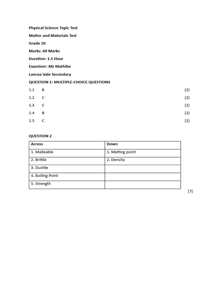 Matter and Materials Topic Test Memo | PDF | Mixture | Chemical Substances
