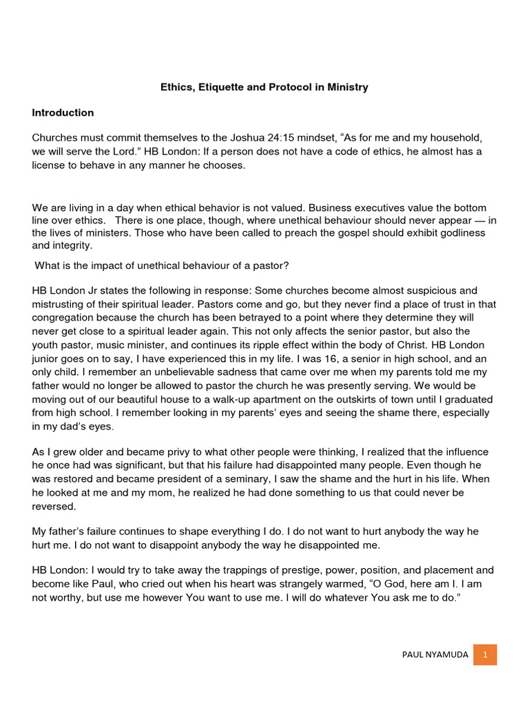 MEAT Ethics and Protocol in Ministry | PDF | Etiquette | Pastor