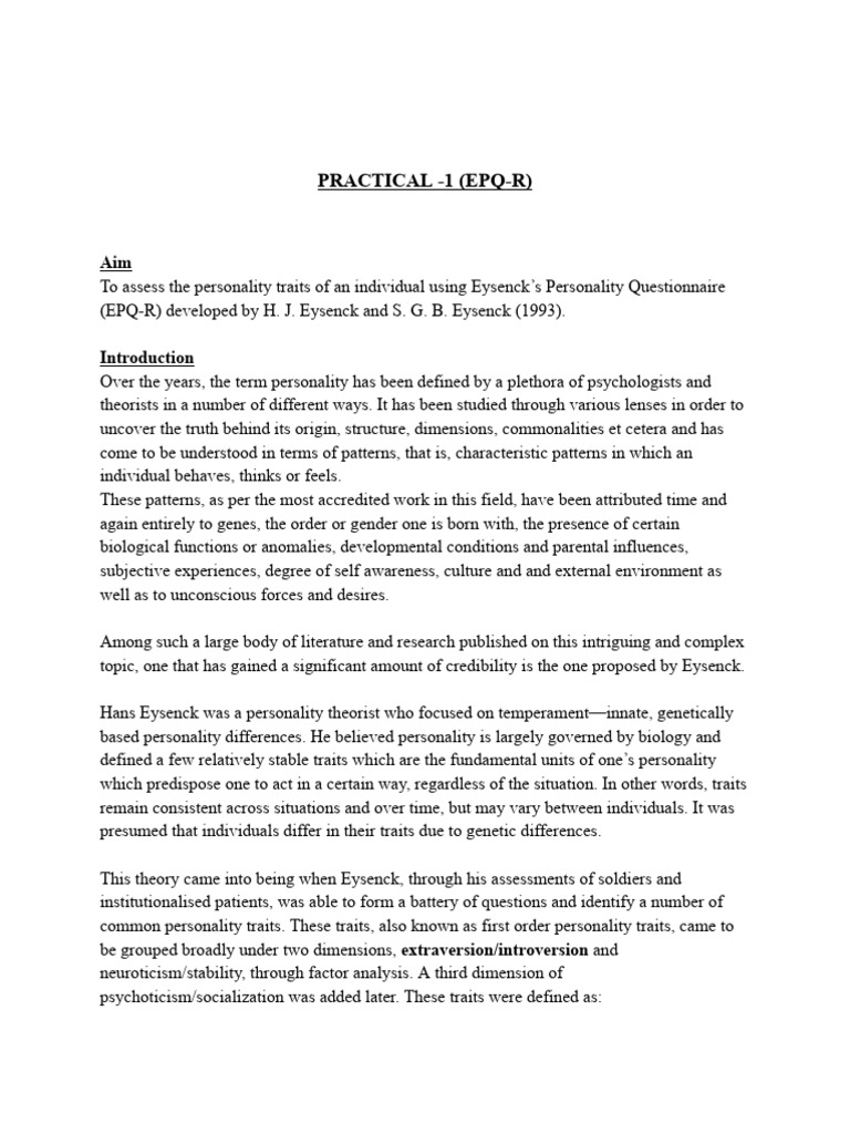 Practical-1 (EPQ-R) | PDF | Extraversion And Introversion | Social ...