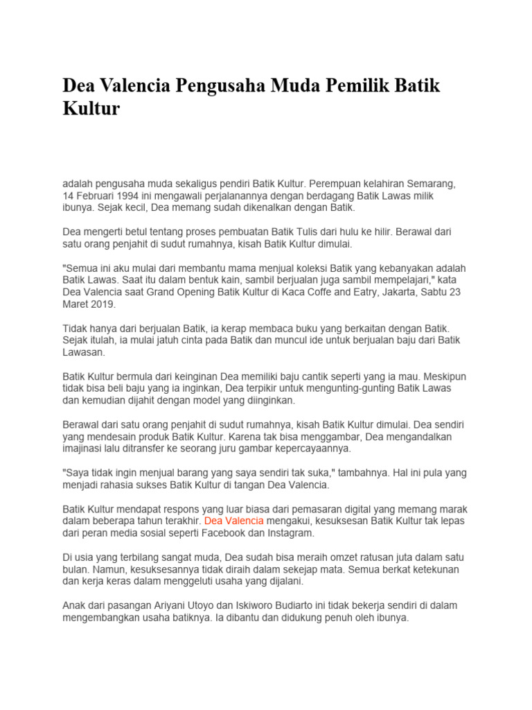 Dea Valencia Pengusaha Muda Pemilik Batik Kultur | PDF