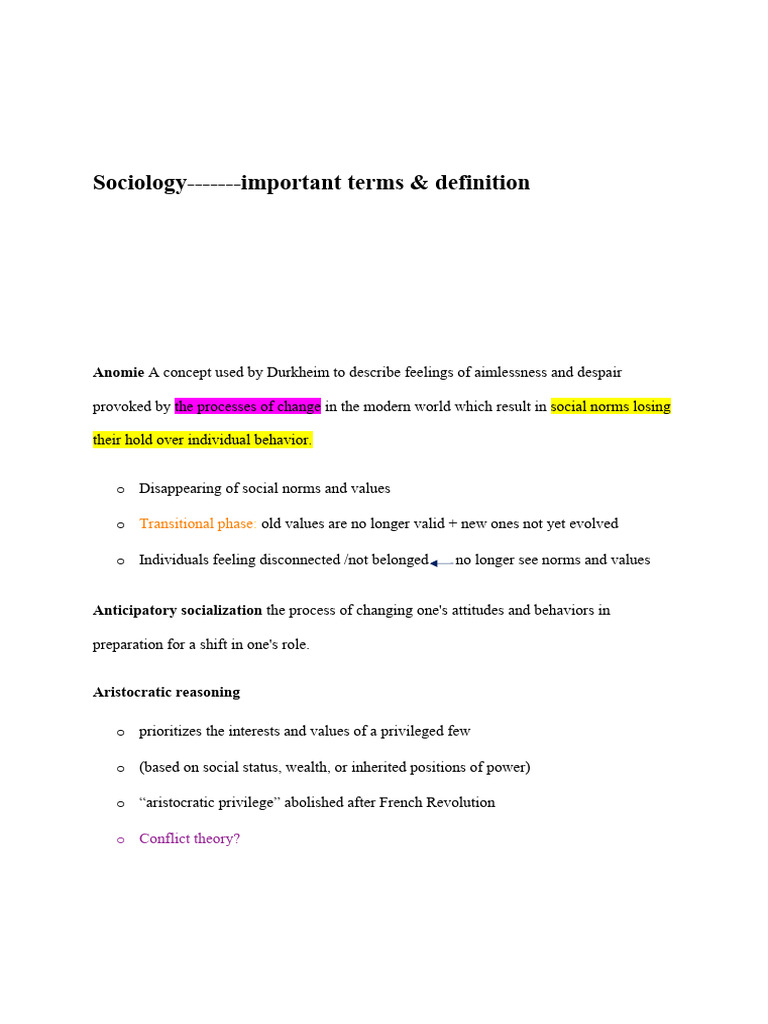 Sociology Terms Definition Table | PDF | Sociology | Society