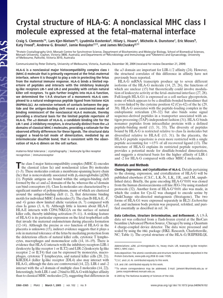 Crystal Structure of HLA-G. A Nonclassical MHC Class I Molecule | PDF | Mhc Class I | Major ...