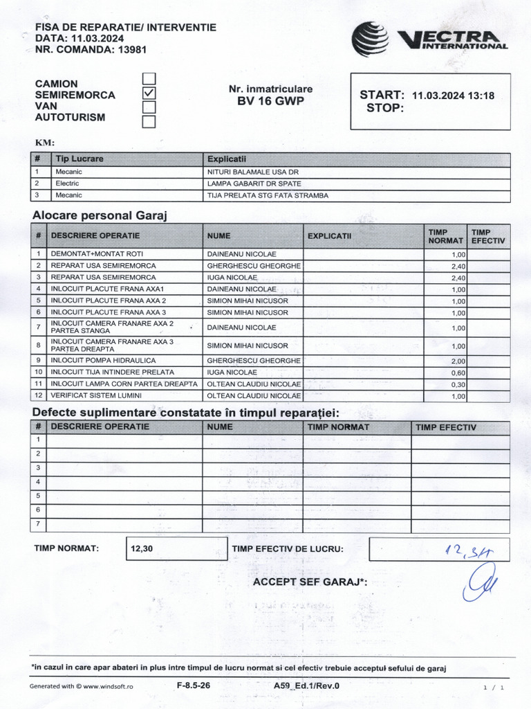 Fisa de Reparatie-Interventie BV-16-GWP Din 11.03.2024 Pag. 1 | PDF