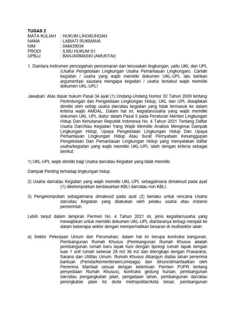 Tugas 2 Sem 3 Labiatir Hukum Lingkungan | PDF