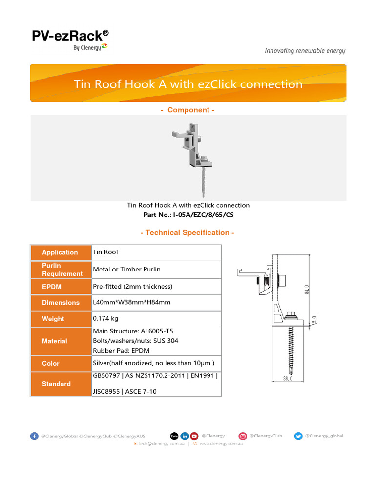Clenergy Datasheet Tin Roof Hook A With Ezclick Connection-02032021 | PDF