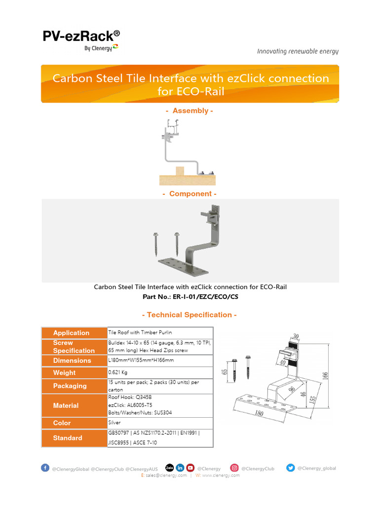 Clenergy PV-ezRack Carbon Steel Tile Interface With Ezclick Connection ...