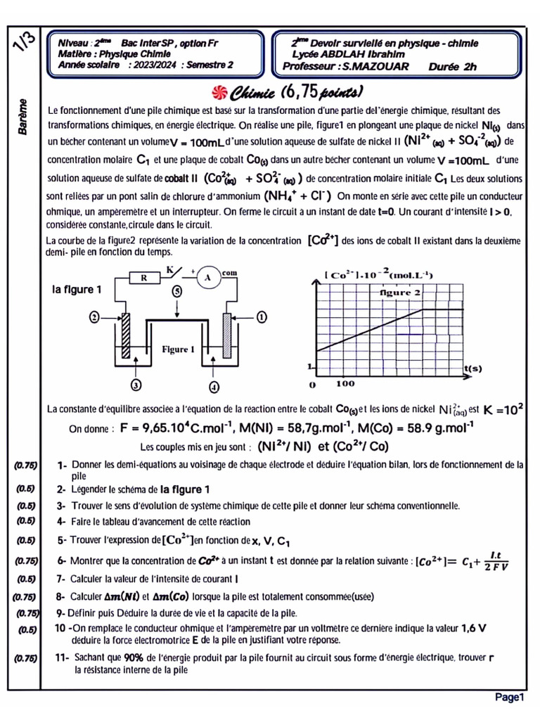 Devoir Surveillé 2BAC - PC-1 | PDF