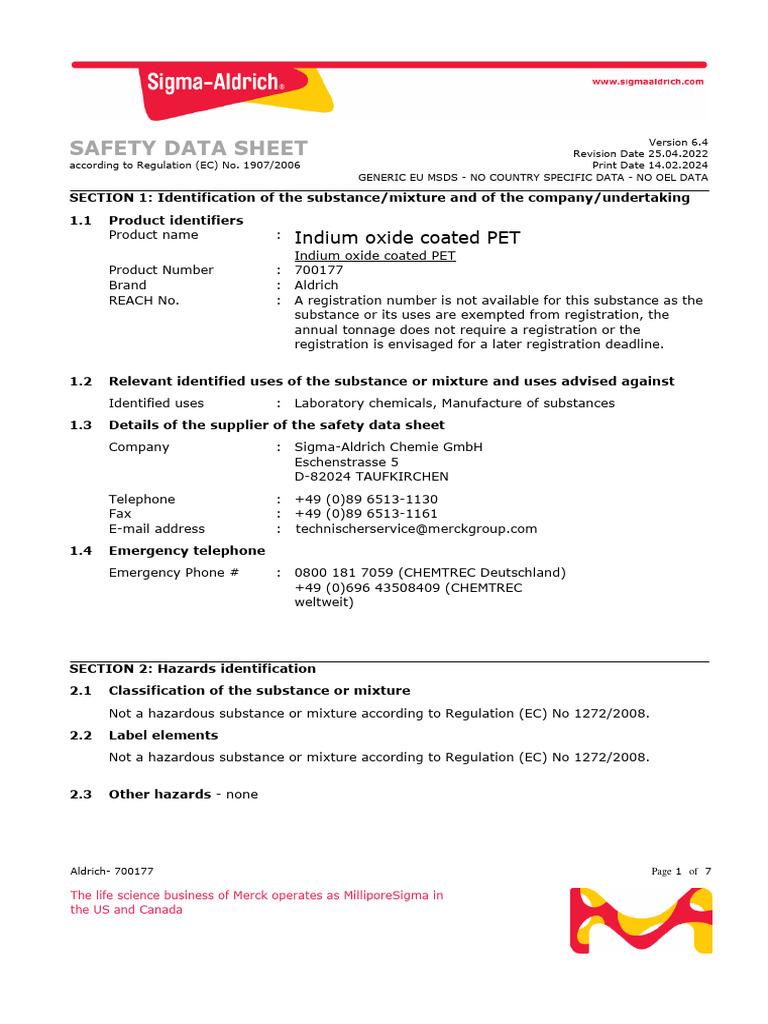 Safety Data Sheet: Indium Oxide Coated PET | PDF | Dangerous Goods | Toxicity