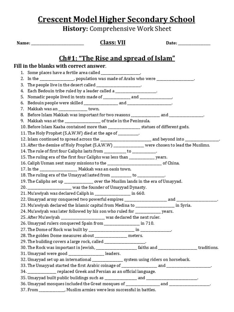 Class 7 History Comprehensive Work Sheet CH 1 | PDF | Caliphate | Arabs