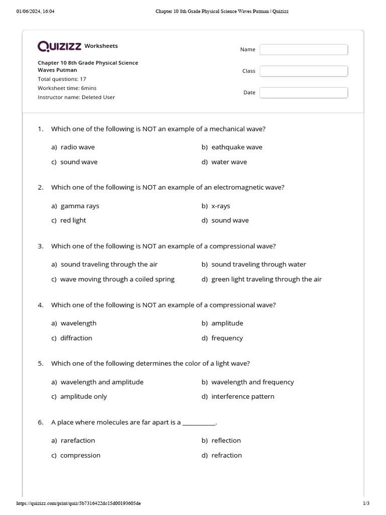 8th Grade Science Waves Worksheet | PDF | Waves | Wavelength