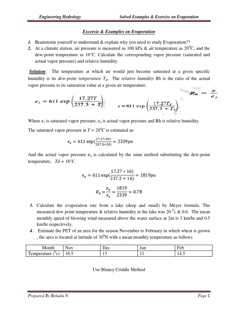 Solved Examples Evaporation | PDF | Evapotranspiration | Humidity