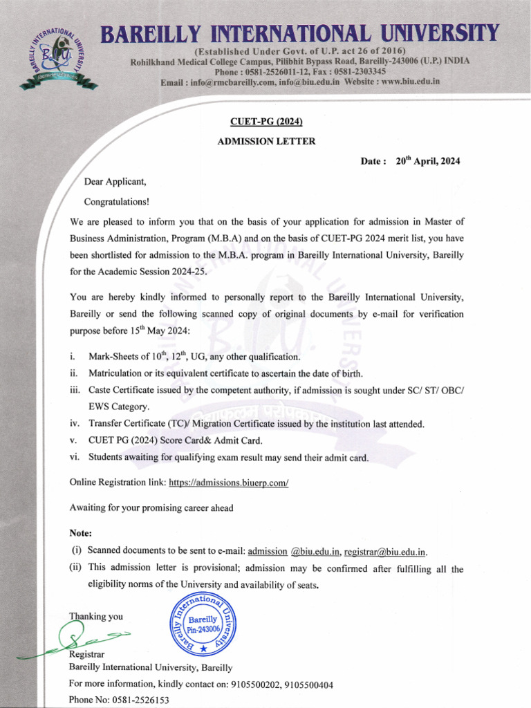 MBA Admission Letter | PDF