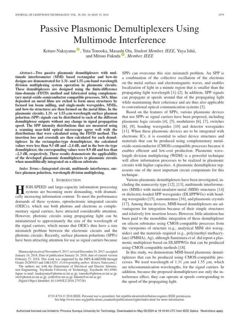 Passive Plasmonic Demultiplexers Using Multimode Interference | PDF | Wavelength | Electromagnetism