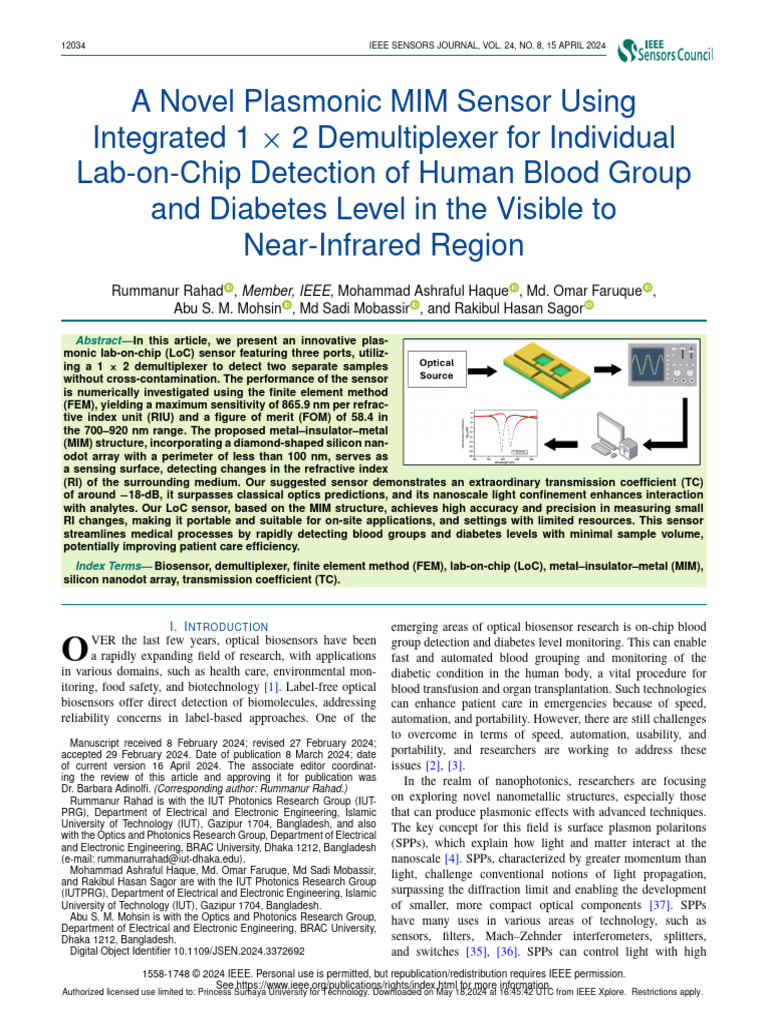 Plasmonic MIM Sensor for Blood Detection | PDF | Biosensor | Sensor