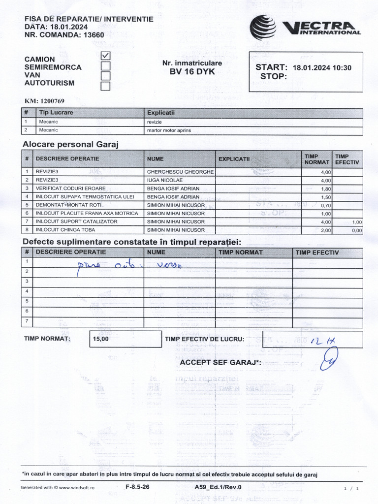Fisa de Reparatie-Interventie BV-16-DYK Din 18.01.2024 Pag. 1 | PDF