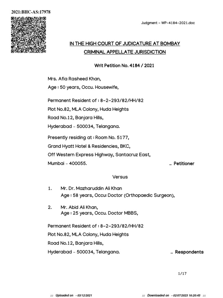 Afia Rasheed Khan Versus Mazhruddin DV Application | PDF | Complaint | Common Law