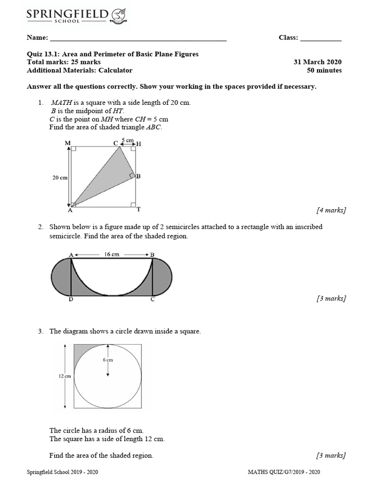 Area and Perimeter Quiz for G7 | PDF | Teaching Methods & Materials