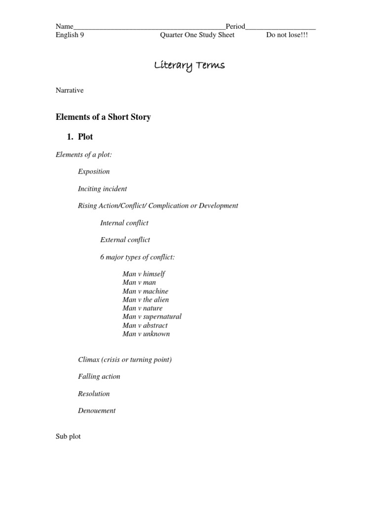 Literary Terms: Elements of A Short Story 1. Plot | PDF