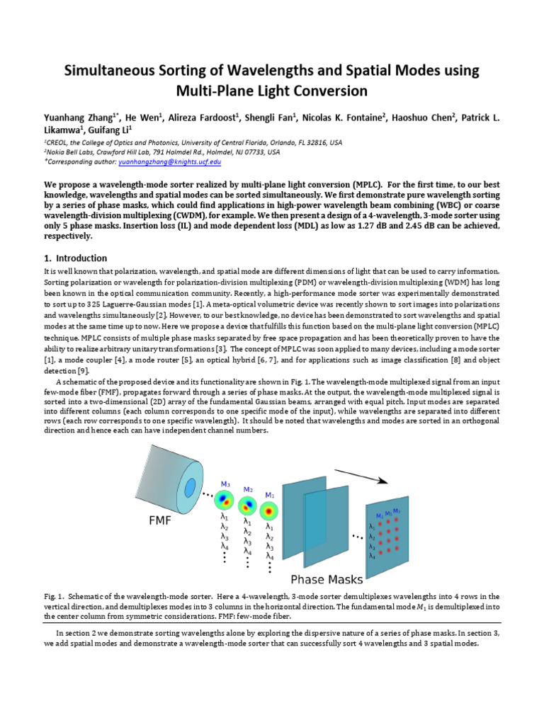 Simultaneous Sorting of Wavelengths and Spatial Modes Using Multi-Plane Light Conversion | PDF ...